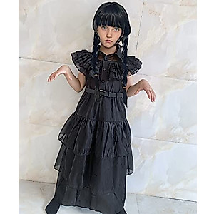 GRIVOS Black costume Girls dress for Kids Black Outfit Halloween Costumes Cosplay Party with belt wig socks 4-14Y