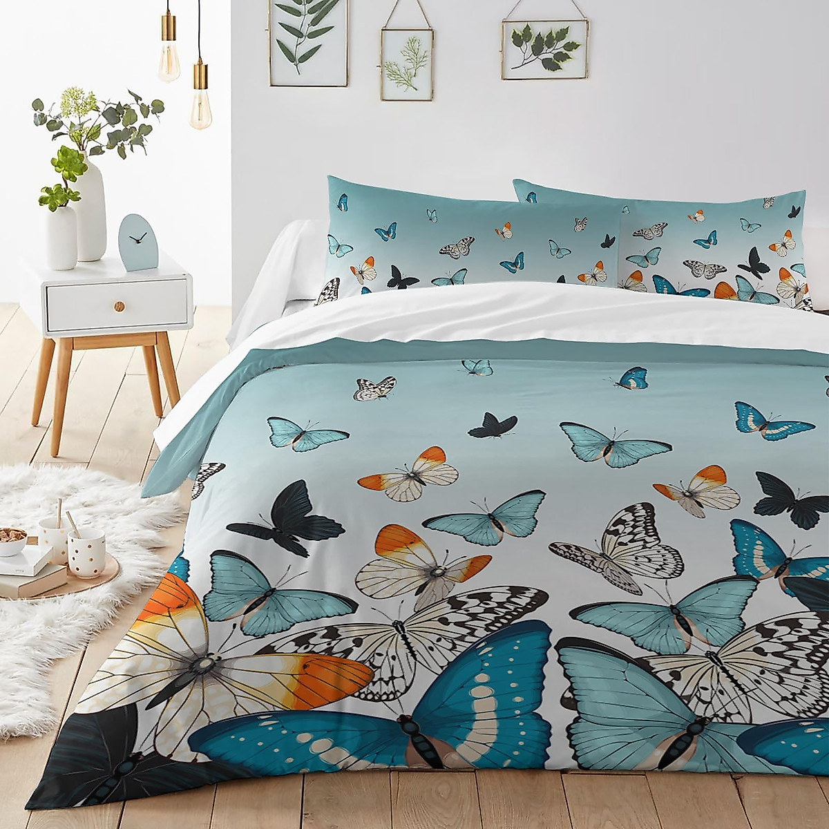 ALAGEO Butterfly Colorful Floral Duvet Cover Sets Country Style Bedding Sets 3 Pcs Soft Comforter Cover Set Including 1 Quilt Cover 2 Pillow Cases, King Size Comforter Cover Set with Zipper Closure