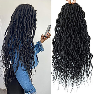 Faux Hair Goddess Locs Crochet Hair 6Packs 24Inch Pre-looped with Soft Curly Ends Dreadlocks Wavy Faux Crochet Locs Synthetic Braids Extensions 72strands(24'', 1B)