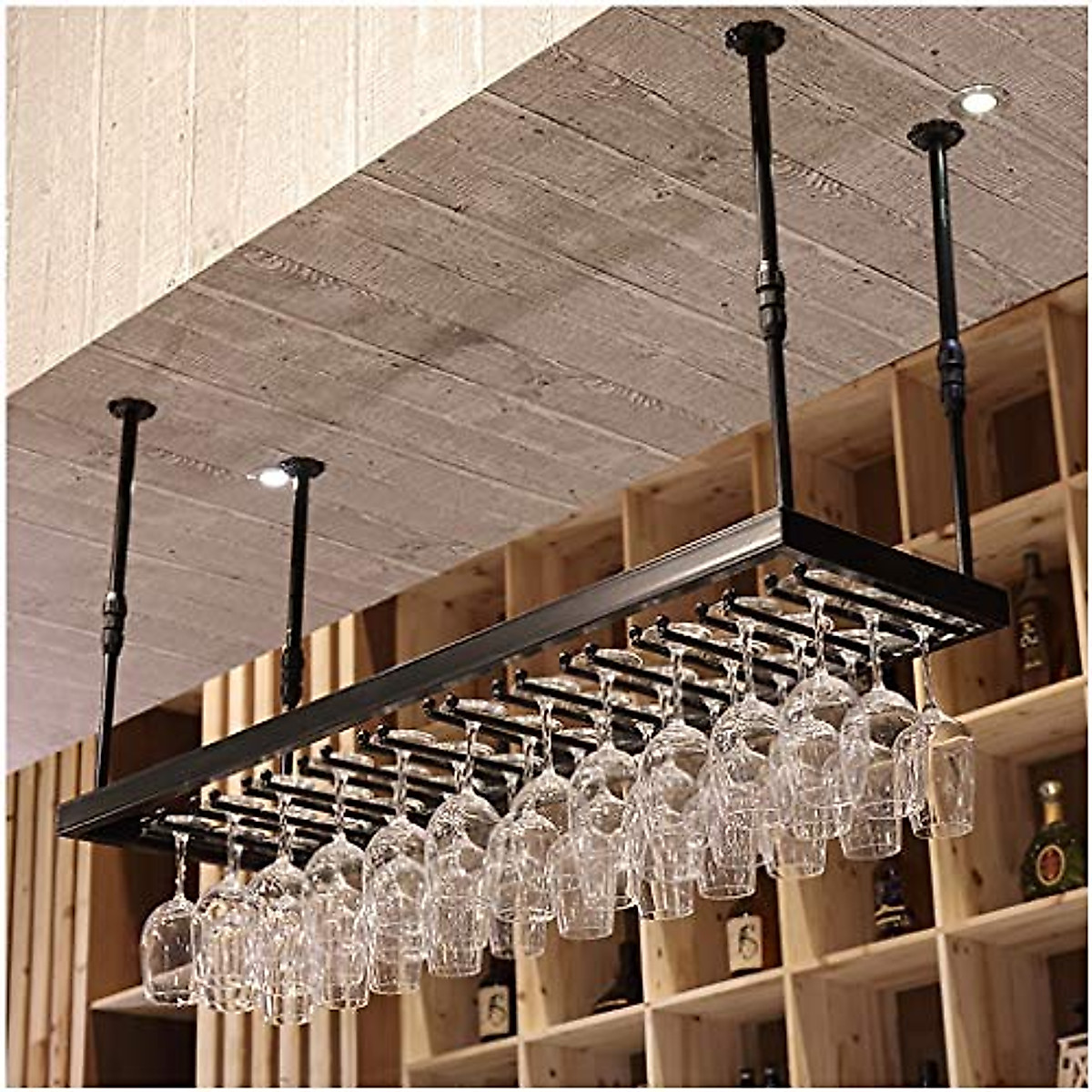 Ceiling Stylish Simplicity Industrial Retro Wine Glass Stylish Simplicity Rack Iron Metal Creative Display Inverted High Glass Rack Bar Restaurant Kitchen Floating Wine Rack Wine Glass Holder (Black