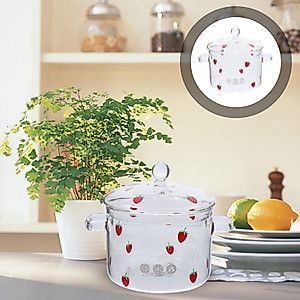 Yardwe Glass Saucepan Clear Glass Stockpot with Lid Handles Simmer Pot Glass Cookware for Milk Pasta Noodle Soup 1900ml Strawberry Pattern