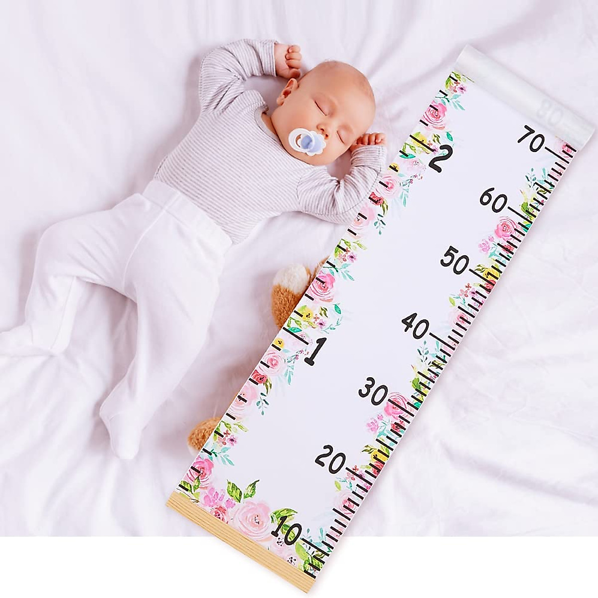 Beinou Baby Growth Chart Ruler for Kids Wood Frame Height Measure Chart 7.9in x 79in Canvas Hanging Height Growth Chart