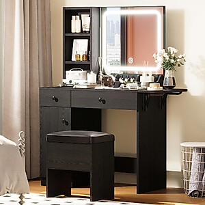 IRONCK Vanity Desk with LED Lighted Mirror & Power Outlet, Makeup Table with Drawers & Cabinet,Storage Stool,for Bedroom, Black