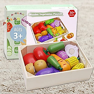 Wooden Play Food for Kids Kitchen Toys for Toddlers Cutting Pretend Toy Food Wooden Fruits Vegetables Gift for Boys Girls Educational Toys