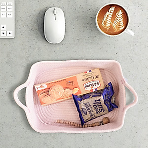 XUANGUO Woven Cotton Rope Storage Basket with Handles for Organizing Shelves Closet Small Cat Dog Pet Toy Basket Box Bin Decorative Rectangle Baby Nursery basket Gift Basket Empty Light pink