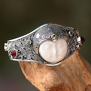 NOVICA Artisan Handmade Peridot Carnelian Cuff Bracelet with Gemstones Bone Silver Sterling Blue Topaz Multigem Green Multicolor Red Indonesia Sun Moon Birthstone Balinese Traditional [6 in Inner Cir]