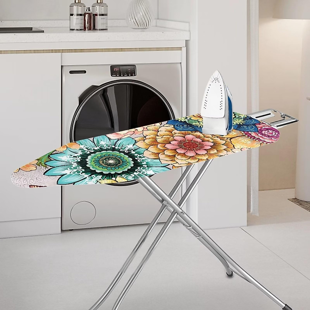 ZWPINITUP Boho Flower Ironing Board Cover Polyseter Scorch Resistant with Hook and Loop Fastener Strap, Elastic Edge One Size