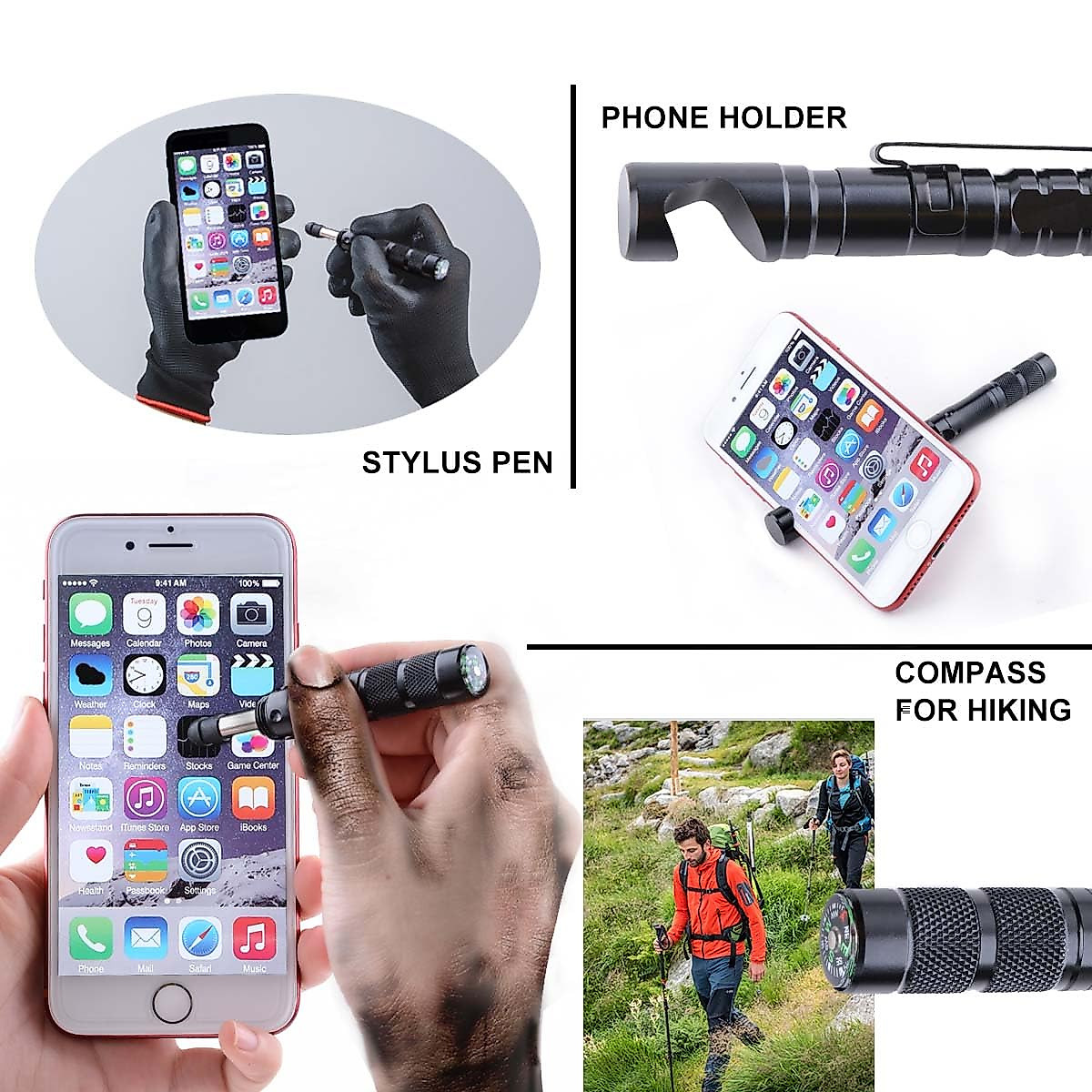 MCCC Tactical Pen 8 in 1 Multitool with Phone Holder, Stylus Pen Gifts for Men EDC Pen for Self Defense, Daily Use, Outdoors, Survival Gear