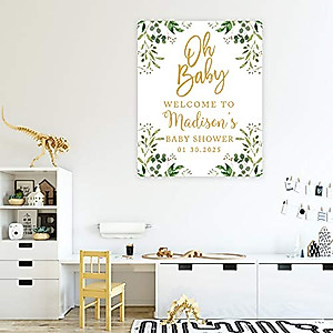 Andaz Press Custom Large Baby Shower Canvas Welcome Sign, 16 x 20 Inches, Gold and Greenery Leaf Foliage, Guestbook Alternative, Personalized Sign Our Canvas, for Greenery Baby Shower, Baby Sprinkle