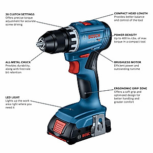 BOSCH GSR18V-400B12 18V Compact Brushless 1/2 In. Drill/Driver Kit with (1) 2.0 Ah SlimPack Battery