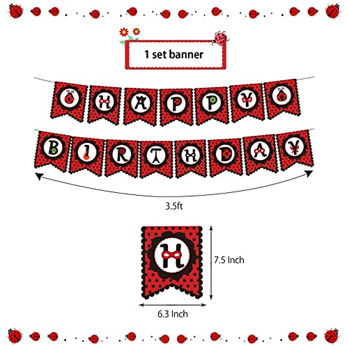 Lady Bug Birthday Party Decorations Supplies Set with Ladybird Happy Birthday Banner, Ladybeetle Cake Cupcake Toppers, Black Red Latex Balloons for Kids 1st Baby Shower Lady Bug Birthday Decoration