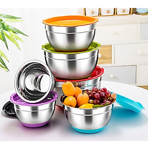 TeamFar Mixing Bowls, Stainless Steel Mixing Bowls with Lids, Nesting Salad Bowls with Air-tight Lids & Non-slip Bottom, Dishwasher Safe & Stackable, Set of 6-4.6/2.6/2 / 1.5/1 / 0.7 Qt