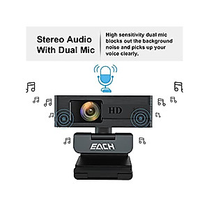 EACH AutoFocus Full HD Webcam 1080P with Privacy Shutter - Pro Web Camera with Dual Digital Microphone - USB Computer Camera for PC Laptop Desktop Mac Video Calling, Conferencing Skype YouTube