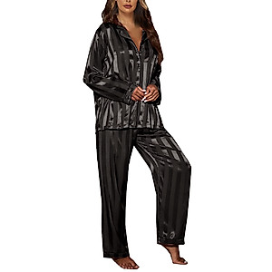 OPOIPIN Women's Silk Satin Pajamas Button Down Long Sleeve Top with Pants Sleepwear PJ Set Black Small