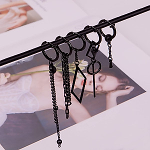 EFORPAD 5Pcs Clip On Earrings Non Piercing Fake Earrings Hoop Dangle Earrings for Men Women Stainless Steel Dangle Hoop Earrings Long Chain Pendant Earrings (Black)