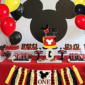 Mickey Mouse Party Supplies - Boys 1st Birthday Party Supplies Pack, Includes a Mickey Themed Birthday Banner, a Hand Made High Chair Banner, a Birthday Cake Topper, 15 Latex Balloons, 5 Confetti Baloons, 6 Tissue Balls, a Hand Made Cronw, a Welcome Sign,