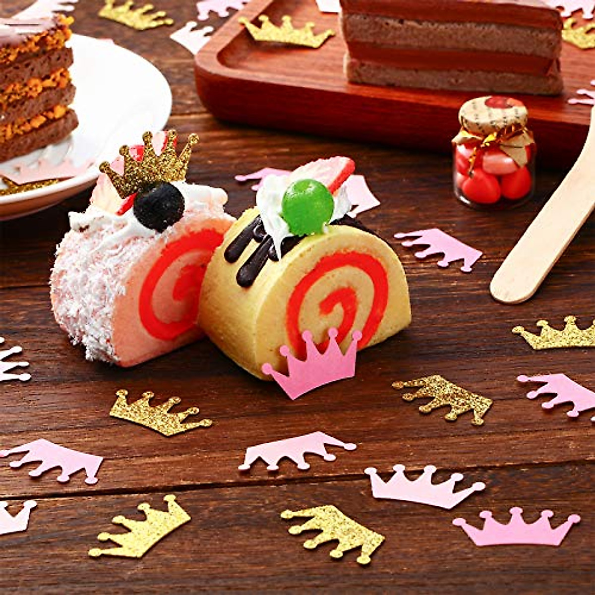 300 Pieces Crown Confetti Glittery Prince King Crown Confetti Baby Shower Crown Confetti for Baby Girl Birthday Party Decorations (Pink Gold, Pink Tone)