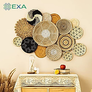 EXA Set of 15 Hanging Woven Wall Basket Decor Summer Bloom Round Decorative Large Wall Decor - Handmade Seagrass Baskets - Rattan Wall Art, Flat Wicker Woven Basket Wall Decors for Boho Farmhouse