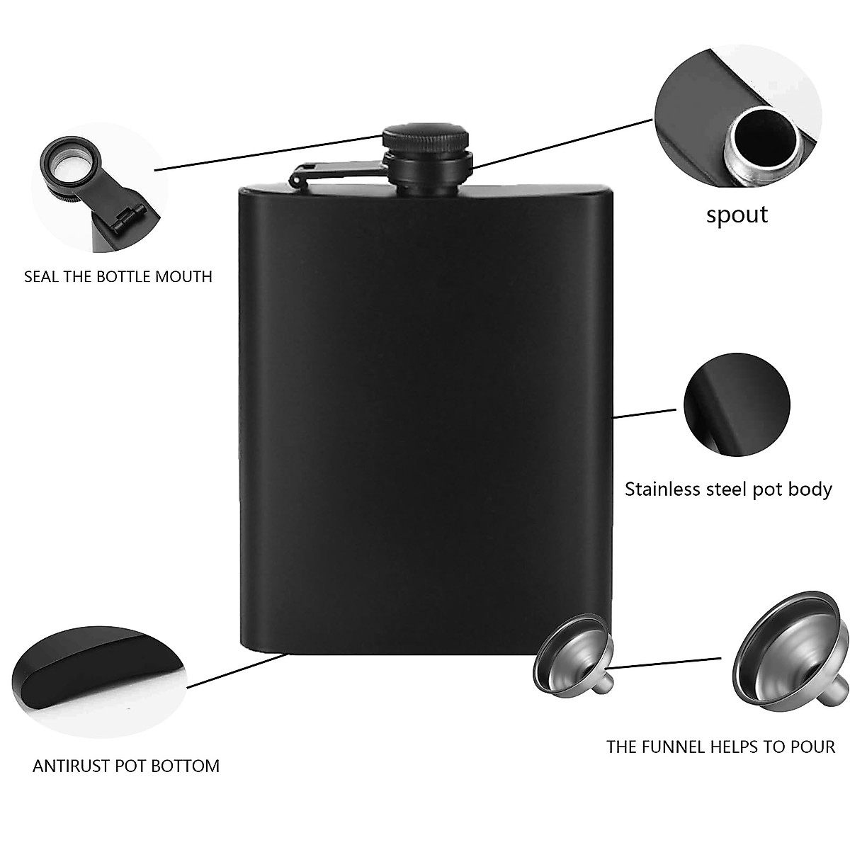 COOAK 3 Pack Hip Flasks for Liquor, Stainless Steel Leakproof Thin Flasks, 6 Oz, 8 Oz, 12 Oz with Funnel（Black）