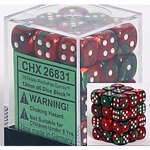 Chessex Dice d6 Sets: Gemini Green & Red with White - 12mm Six Sided Die (36) Block of Dice