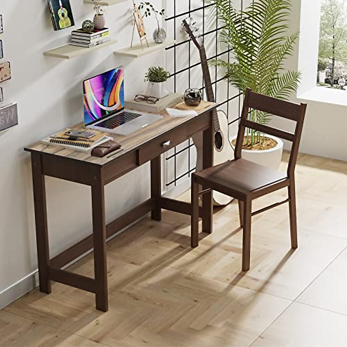 Tangkula Study Desk & Chair Set, Kids Learning Table with Drawer, Ergonomic Chair with Inclined Backrest, Students Computer Workstation with Solid Rubber Wood Feet, Teen Desk & Chair Set