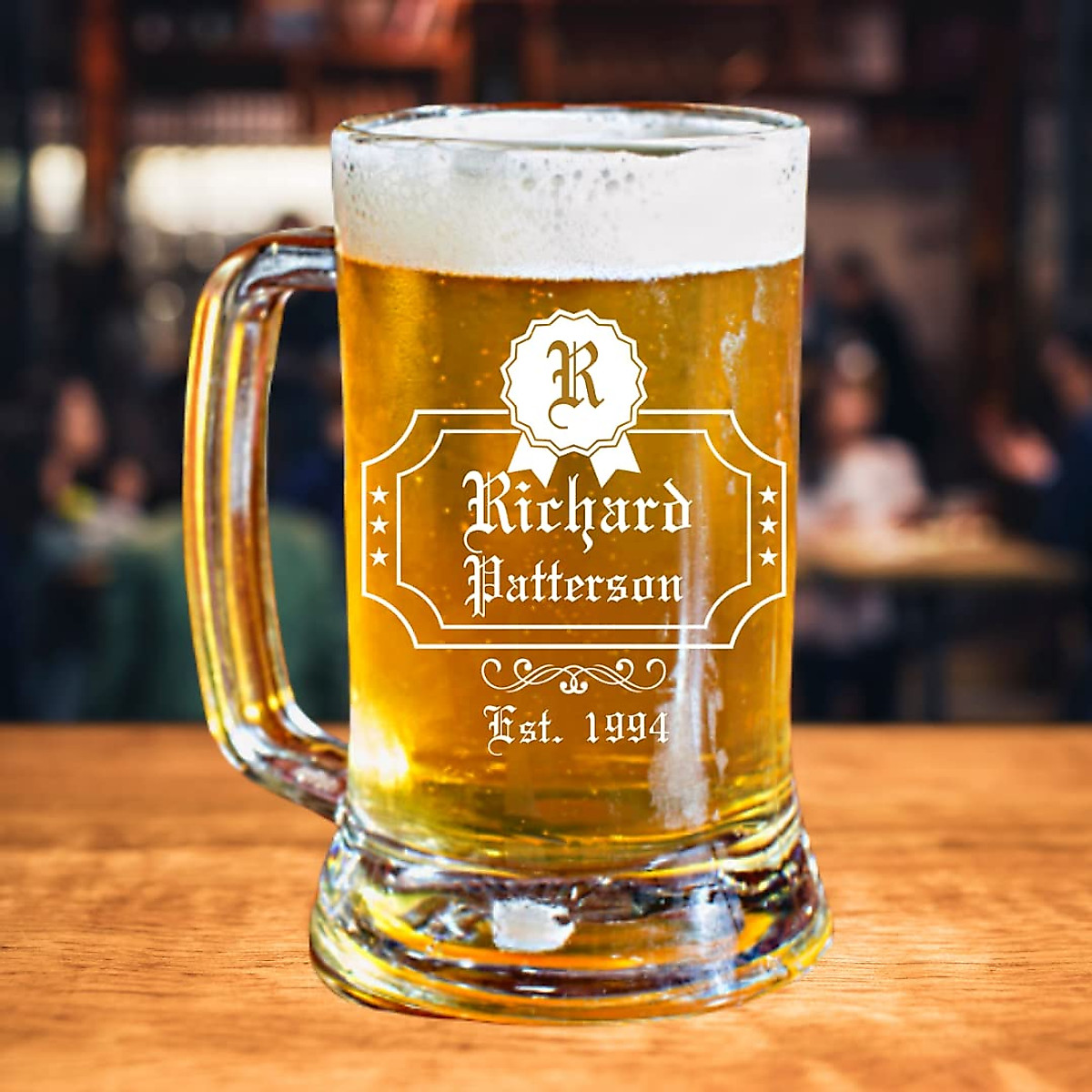 Personalized 16.oz Beer Mug | Badge Design | Clear Glass | Custom Made | Perfect for wedding gifts, anniversaries, birthday gifts, home warming gifts or graduation