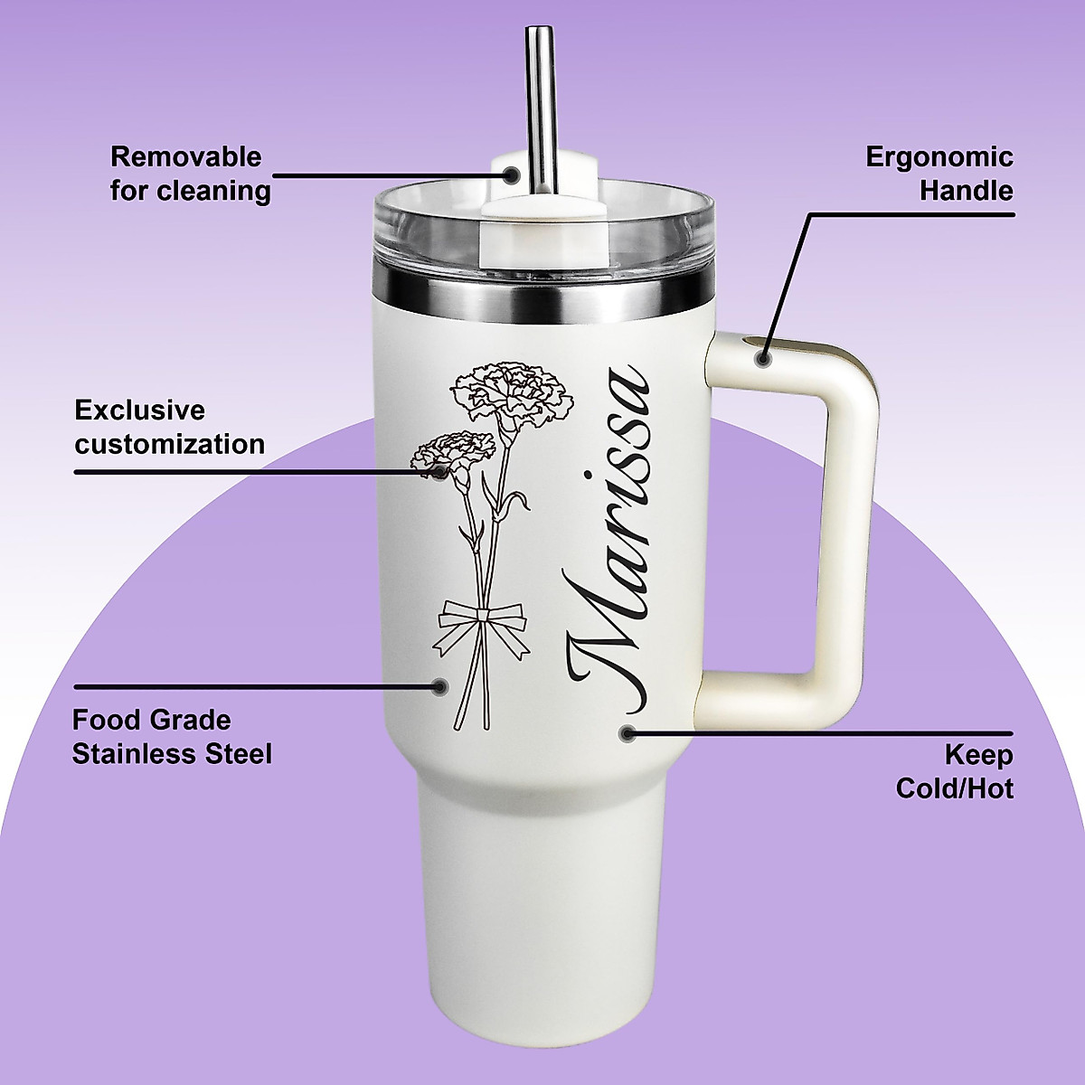 Personalized 40 Oz Tumbler with Handle and Straw, Custom Stainless Steel Insulated Tumbler with Name and Engraved Birth Month Flower, Travel Coffee Mug Personalized Gifts for Women and Girls