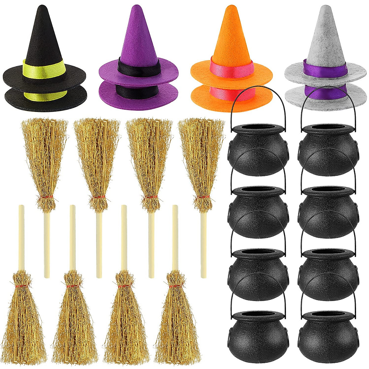 24 Pcs Halloween Mini Witch Hats, Mini Broom, Candy Cauldron Kettles, Halloween Decorations Witch Craft Miniatures Wizard Accessory, St Patrick's Day, Wizard Theme Party Decorations