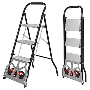 2-in-1 Hand Truck 3-Step Ladder, 250 LBS Load Capacity Folding Hand Truck Dolly with 2 Wheels, Portable Step Stool with Extra Wide Non-Slip Pedal, Multi-Use Ladder Cart for Household, Kitchen, Office