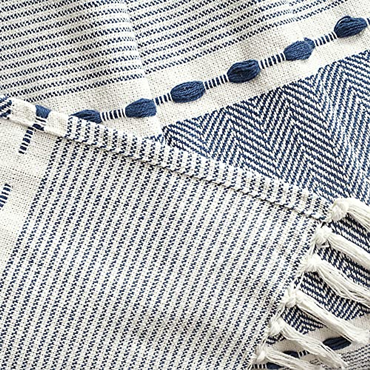 Lush Decor Herringbone Stripe Yarn Dyed Cotton Woven Tassel Blanket, 60" x 50", Navy