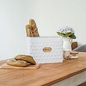 NIKKY HOME Extra Large Space Saving Farmhouse Bread Box With Wood Lid - Holds 2 Loaves - Vertical Breadbox Bread Storage Bin Holder for Kitchen Countertop, White