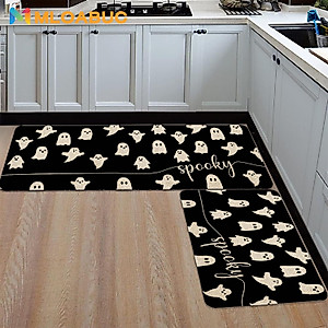 Mloabuc® Happy Haloween Kitchen Mat Set of 2, Black Spooky Decorative Funny Text Kitchen Rug, Holiday Anti Fatigue Waterproof Stain Resistant Floor Rug Non Slip Cushioned Floor Mat 17x29 and 17x47 in