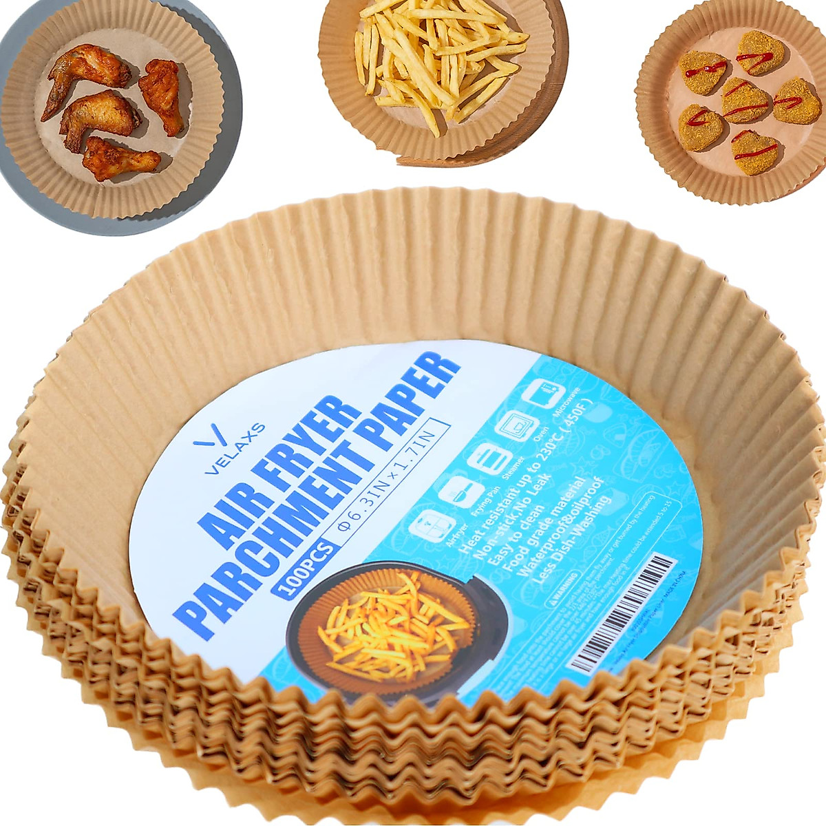 Velaxs Air Fryer Liners Disposable, Cooking Nonstick Filter Inserts Liners, Microwave Frying Pan Parchment Paper, Oil-proof Baking Roasting Food Grade Paper Sheets for Air Fryer 100 pcs 6.3 inch Round