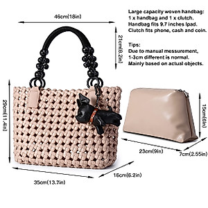 Queenoris Woven Tote Bags for Women, Large Hollow-out Vegan Leather Fashion Top-handle Purse Shopper Bag Travel Bag (Apricot)