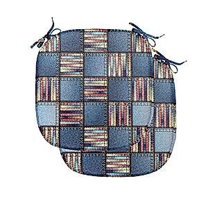 Lunarable Geometric Chair Seating Cushion Set of 2, Quilt Design with Scraps of Denim and Knit Graphic Colorful Melange Print, Seat Pads for Office with Anti-Slip Backing, 16"x16", Blue Multicolor