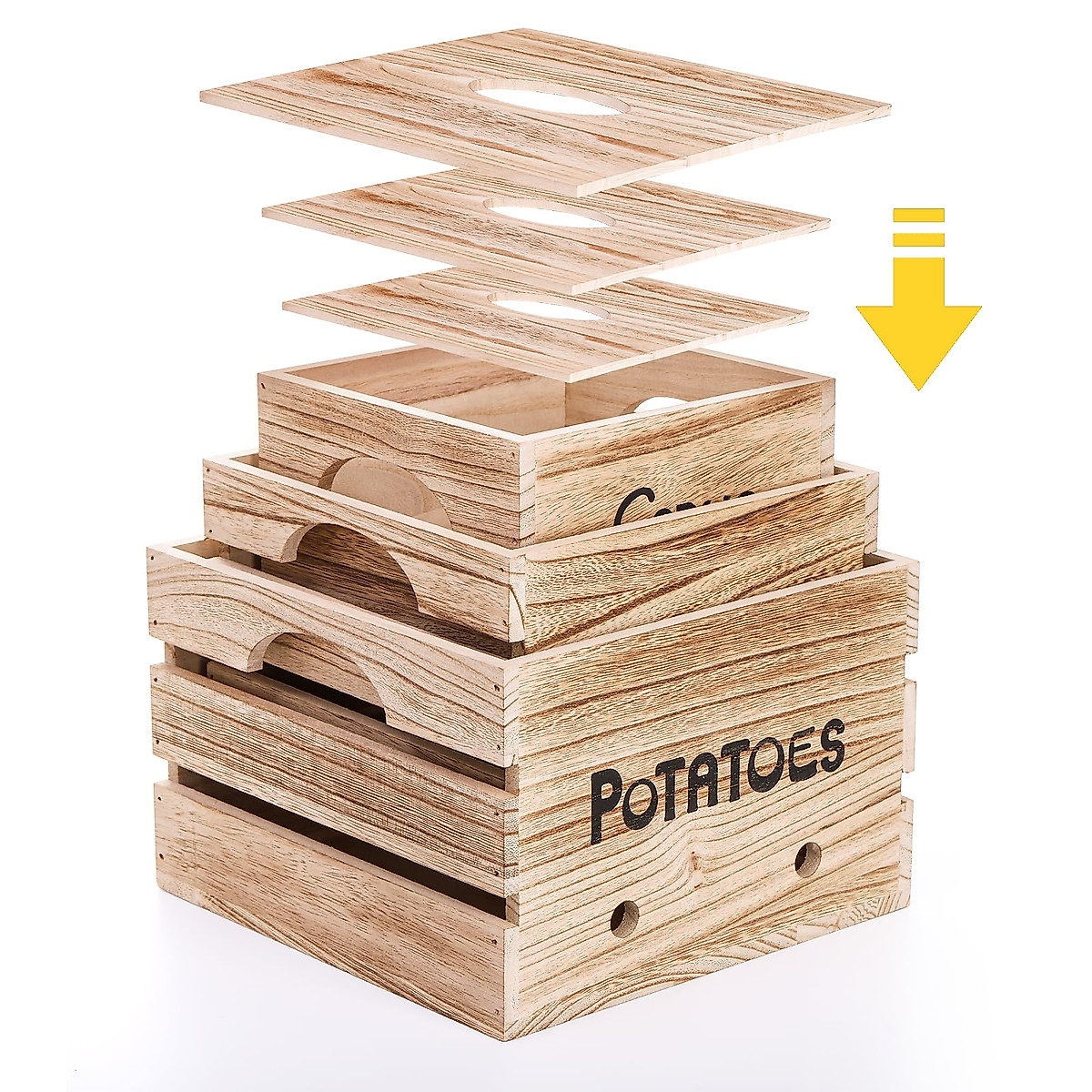 Frcctre 3 Pack Vegetable Storage Bins, Farmhouse Potato Onion Garlic Kitchen Storage Canisters Set, Wooden Stackable Vegetable Keeper with Lid and Aerating Holes for for Pantry Organization