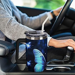 Blue Butterfly Insulated Stainless Steel Travel Mug, 40 Oz Tumbler with Handle And Straw Double-Wall Vacuum Coffee Cup, Leak-Proof Lid, Keeps Drinks Hot/Cold for Hours