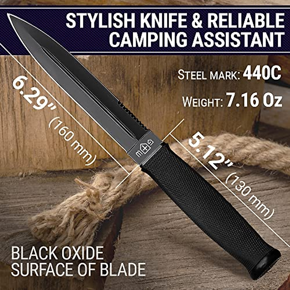 Knife for Men with Sheath - Black Tactical Knives - Cool Hunting Knofe Fixed Blade Knife with Serrated Blade - Best EDC Survival Camping Hiking Military Tool Sharp Belt Boot Knives Gift for Men 2503