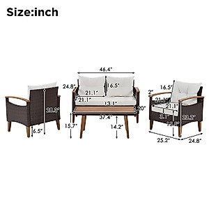 4-Piece Outdoor Patio Furniture Set, Sofa Garden Conversation Bistro Sets PE Rattan Wicker Sofa Set with Cushion, Wood Table and Legs, for Lawn, Porch, Poolside, Backyard, Brown and Beige