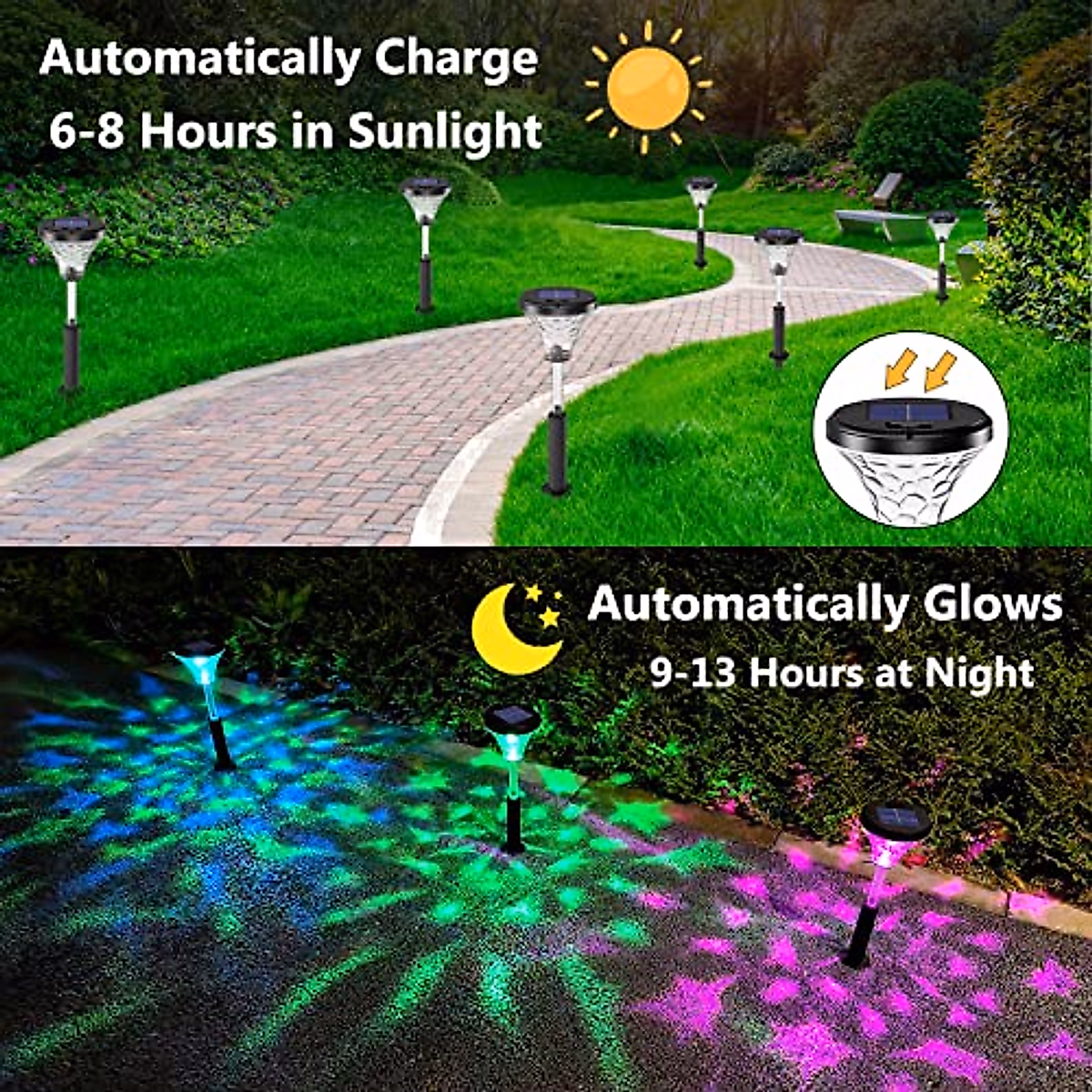 Nenkidi Bright Solar Powered Pathway Lights, 8 Pack Solar Lights Outdoor Garden Waterproof, Led Landscape Lighting Decorative for Path Yard Lawn Walkway Patio Fence Warm White&Dynamic Multicolor