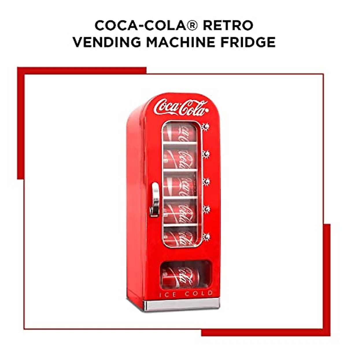 Coca-Cola Exclusive New Retro Vending Machine Style 10 Can Mini Fridge, 12V DC/110V AC with tall window display for home, dorm, office, games room