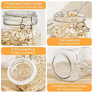 CHEFSTORY 50oz Airtight Glass Jars with Lids, 3 PCS Food Storage Canister for Kitchen & Pantry Organization and Storage, Square Mason Jar Containers for Storing Sugar, Flour, Cereal,Coffee,Cookies