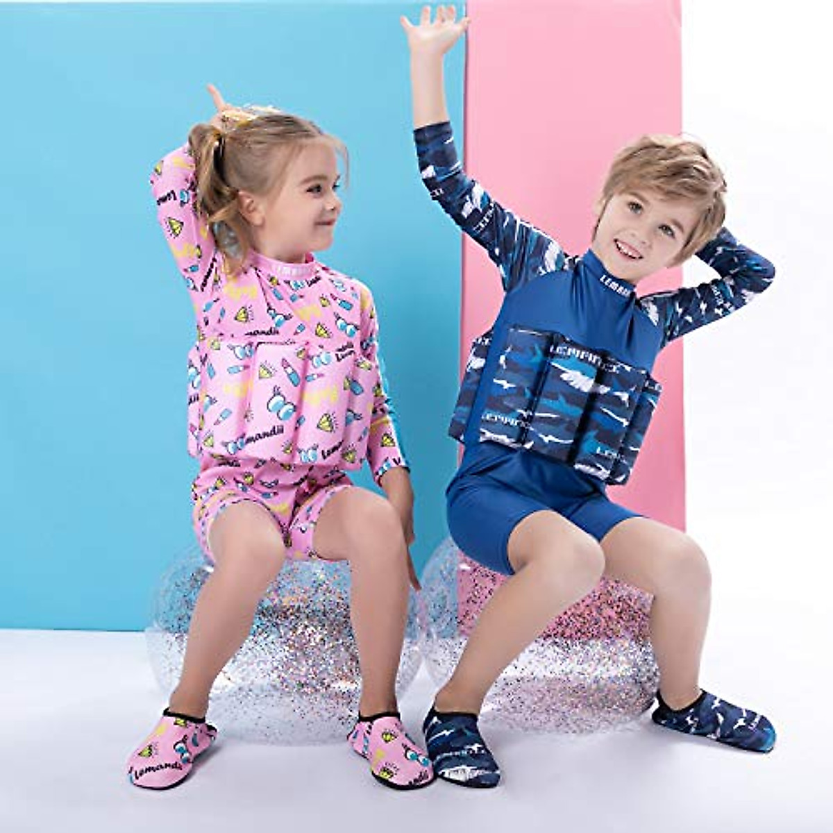 Lemandii UPF 50+ Sun Protection Long Sleeve Float Swim Suit for Kids Boys One-Piece with Adjustable Buoyancy Back Zippers for 1-10 Years Babies (Blue, Height:35.4''-39.4''/Weight:26.4lb-33lb)