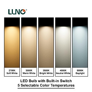 LUNO A19 Dimmable LED Bulb, 6W (40W Equivalent), 480 Lumens, 2700K, 3000K, 3500K, 4000K, 5000K, Color Selectable, 5CCT, UL Listed (4-Pack)