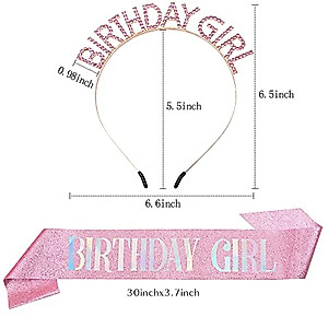 PQRUU Birthday Sash for Women Pink Birthday Girl Sash Glitter Birthday Sash and Tiara for Women Birthday Crowns for Women Happy Birthday Decorations Accessories Rhinestone Birthday Girl Headband