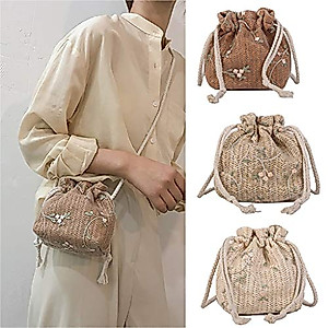 justHIGH's Backpacks Women Straw Crossbody Shoulder Bag Drawstring Bucket Summer Beach Bag Crochet Knit Purse (White -1)