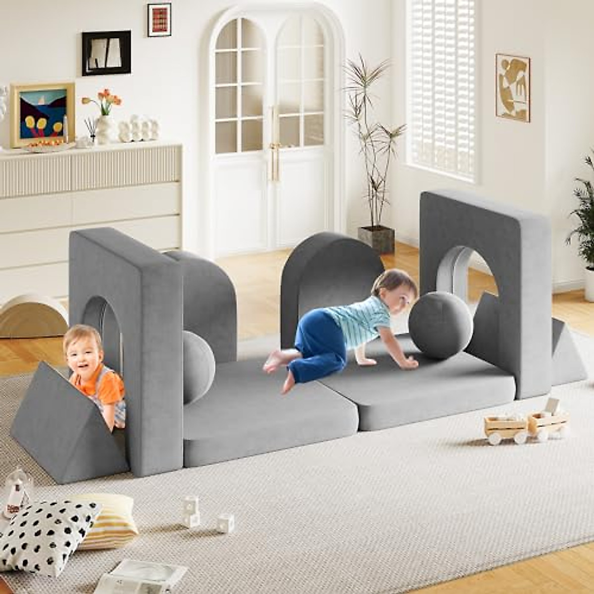 linor Kids Couch Toddler Couch 9pcs Kids Sofa Couch with Spherical Module and Tunnel Elements, Toddler Sofa Kids Fold Out Couch for Playroom Bedroom, Creative Baby Couch Kids Foam Couch (Grey)