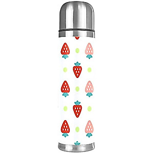 Stainless Steel Leather Vacuum Insulated Mug Strawberry Thermos Water Bottle for Hot and Cold Drinks Kids Adults 16 Oz