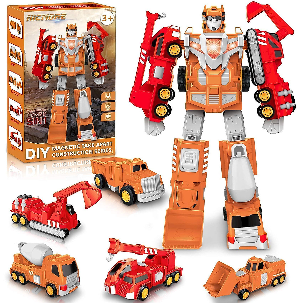 Nicmore Construction Toys Truck Transform into Robot Bundle with Toys Vehicle Carrier Truck 3 4 5 6 Year Old Boys Girls Kids Toddlers 5 in 1 Toys Vehicles Christmas Birthday Gifts for Boys Girls