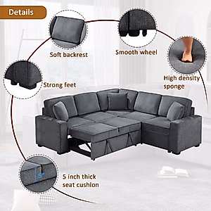 THSUPER 82'' Chenille L-Shaped Sleeper Sectional Sofa with Pull-Out Bed & Reversible Convertible Feature for Living Room, 5-Seater with 3 Pillows Included. Dark Grey